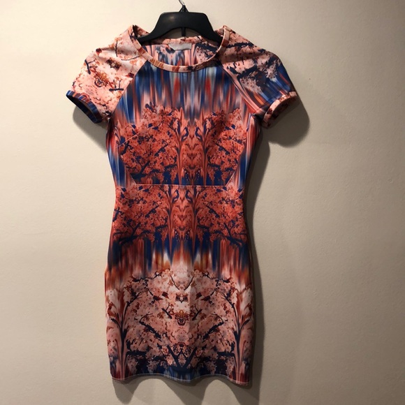 Zara | Dresses | Zara Brand Floral Abstract Print Pink Blue And Red ...